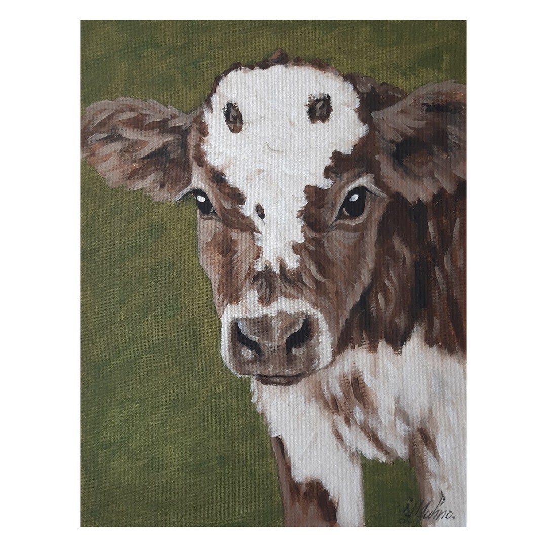 Cow Original Painting: Farmhouse Calf Oil Artwork, 12x9 Animal Wall Art ...