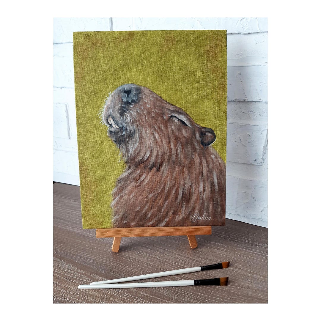 Capybara Original Painting Cavy Lover Gift Oil Art 9 by 12 Funny Animal ...