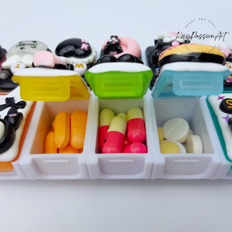 Hand Decorated Pretty Black Beauty Pill Box, Detachable AM PM Pill ...