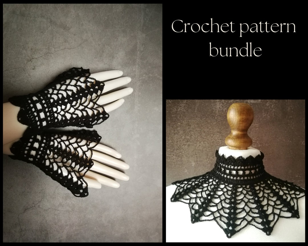 CROCHET PATTERN BUNDLE Black Gothic Crochet Lace Collar Necklace, Goth Crochet Lace Fingerless ...