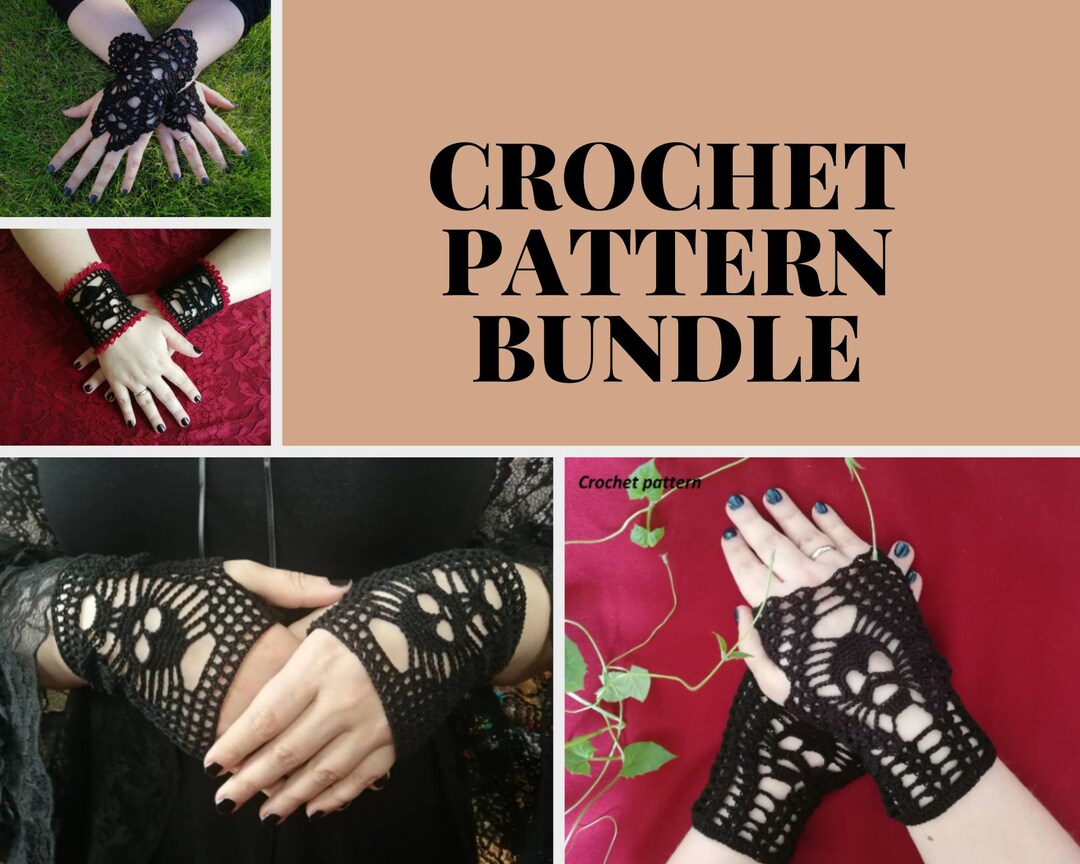 CROCHET PATTERN BUNDLE Gothic Crochet Fingerless Gloves, Black Lace ...