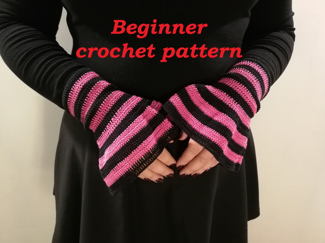 Crochet Pattern, Gothic Striped Arm Warmers, Punk Gloves (digital ...