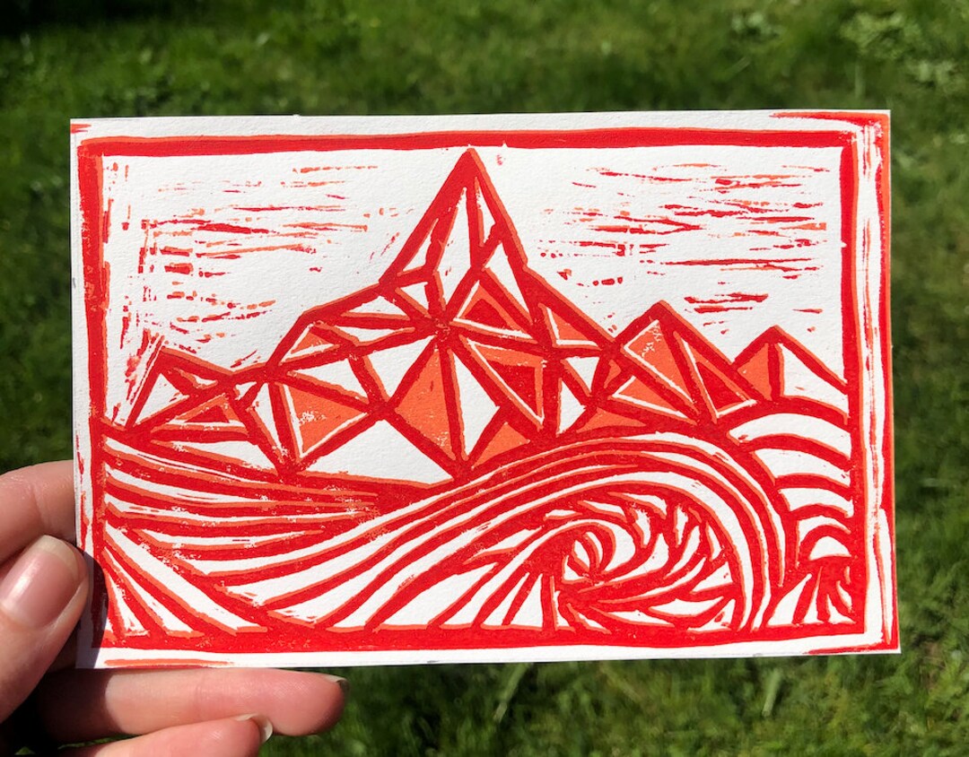 Sunset Mountain y Wave Original Linocut Print - Etsy España