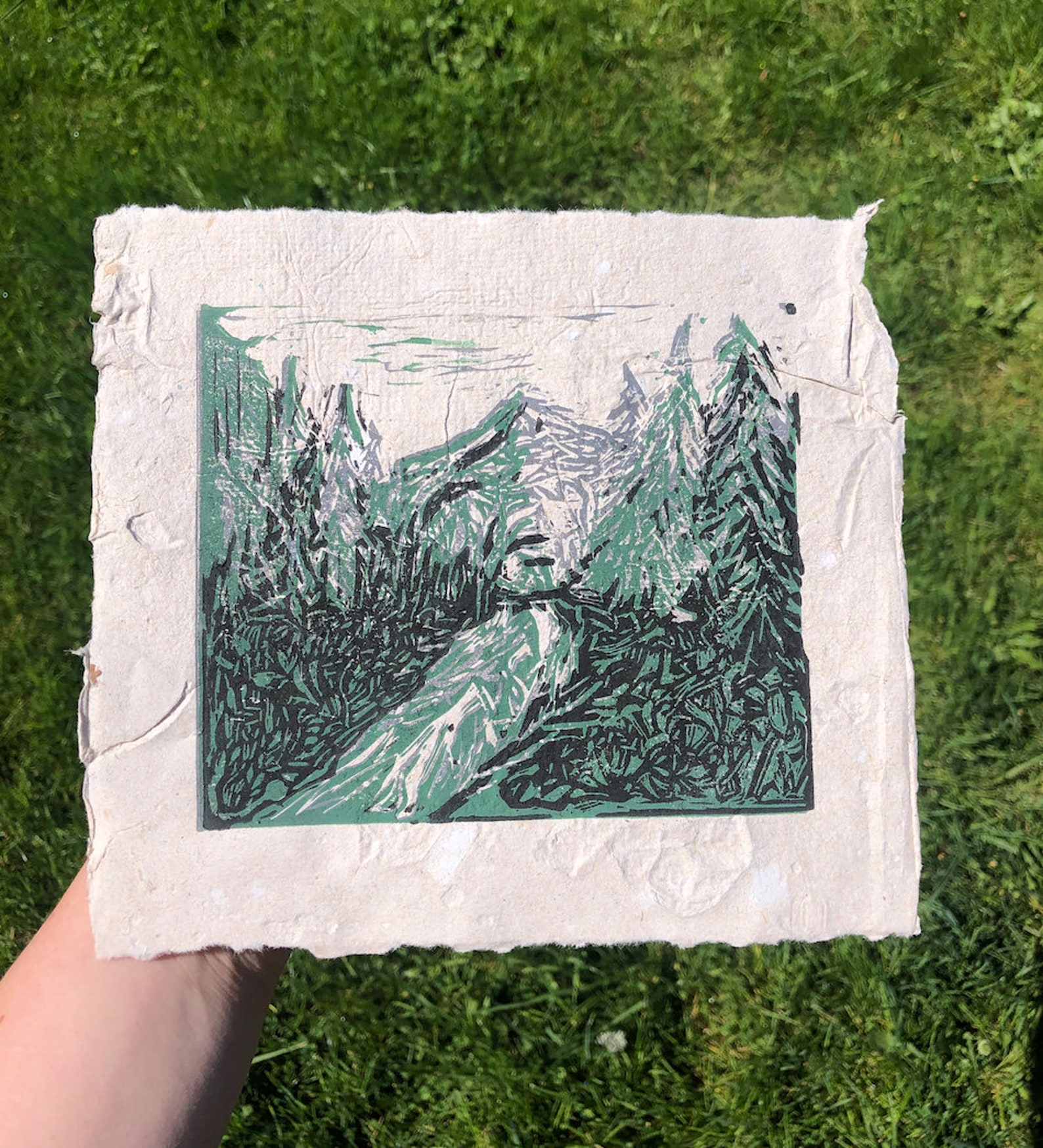 Mountainscape Original Linocut Print on Recycled, Handcrafted Paper ...