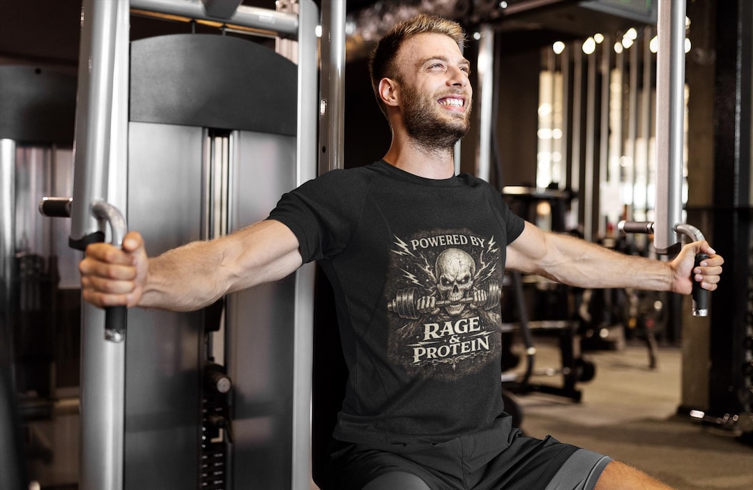 Powered by Rage & Protein T-shirt | Skull Barbell Gym Tee - Etsy