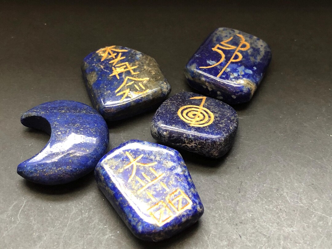 Engraved Reiki Symbols Tumbled Polished Lapis Palm Reiki Symbol Stone ...
