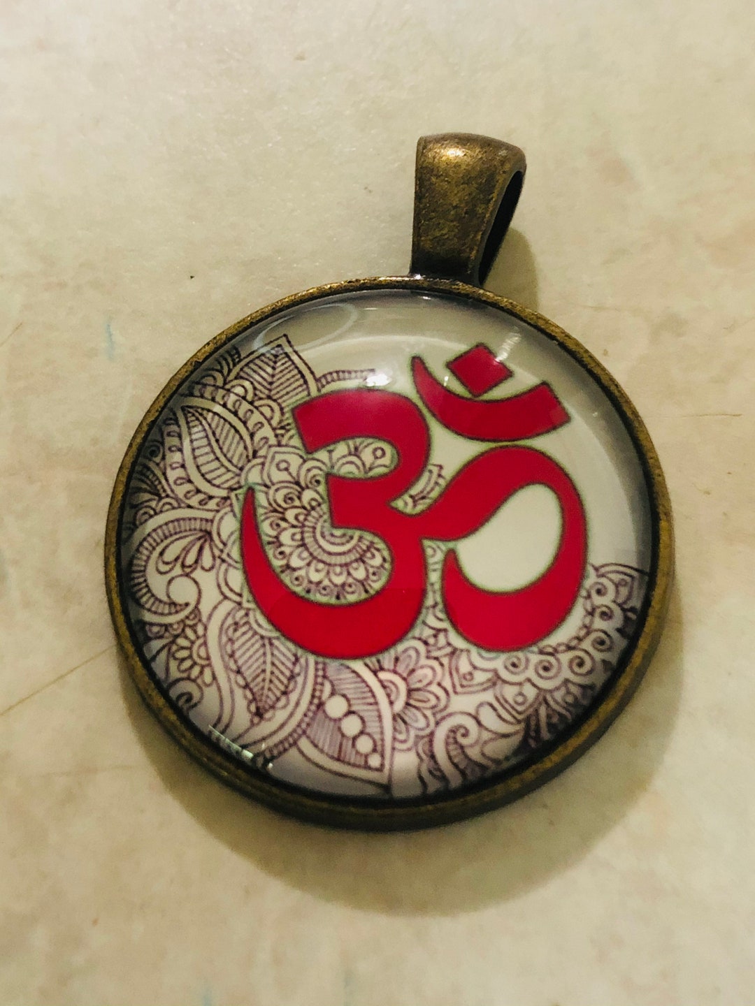 Red Ohm Symbol Glass Pendant Necklace - Sacred Geometry Brass Chain - Etsy