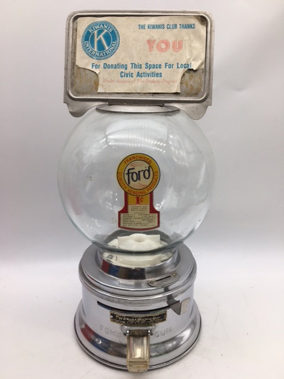 Antique Kiwanis 1 Cent Ford Gum Gumball Machine With Glass Globe ...