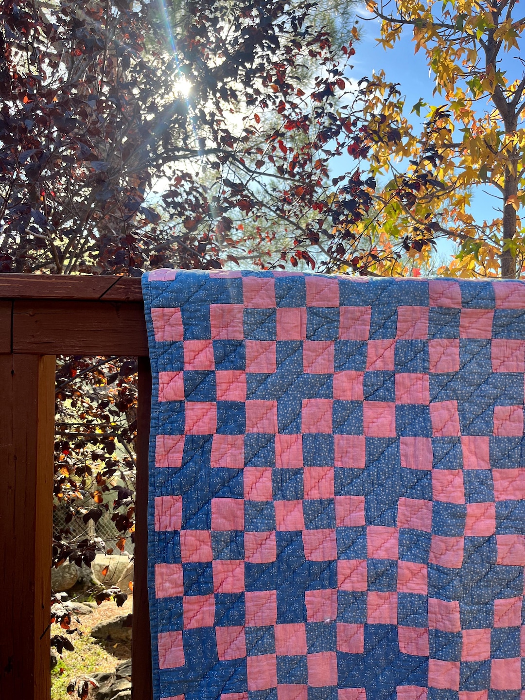 Vintage Irish Chain Patchwork Quilt, Hand-pieced Patchwork, Pink Indigo ...
