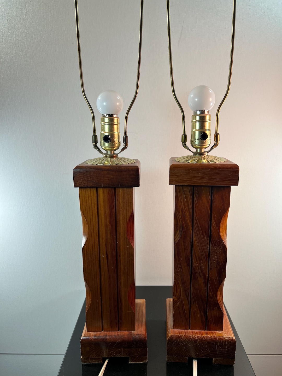 Vintage Set of Two Wood Table Lamps - Etsy