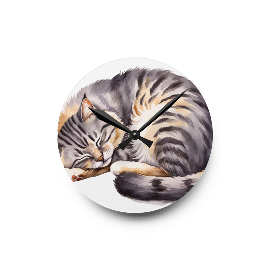 Sleeping Cat Wall Clock Cozy Cat Art Clock Round Acrylic Cat Clock for ...