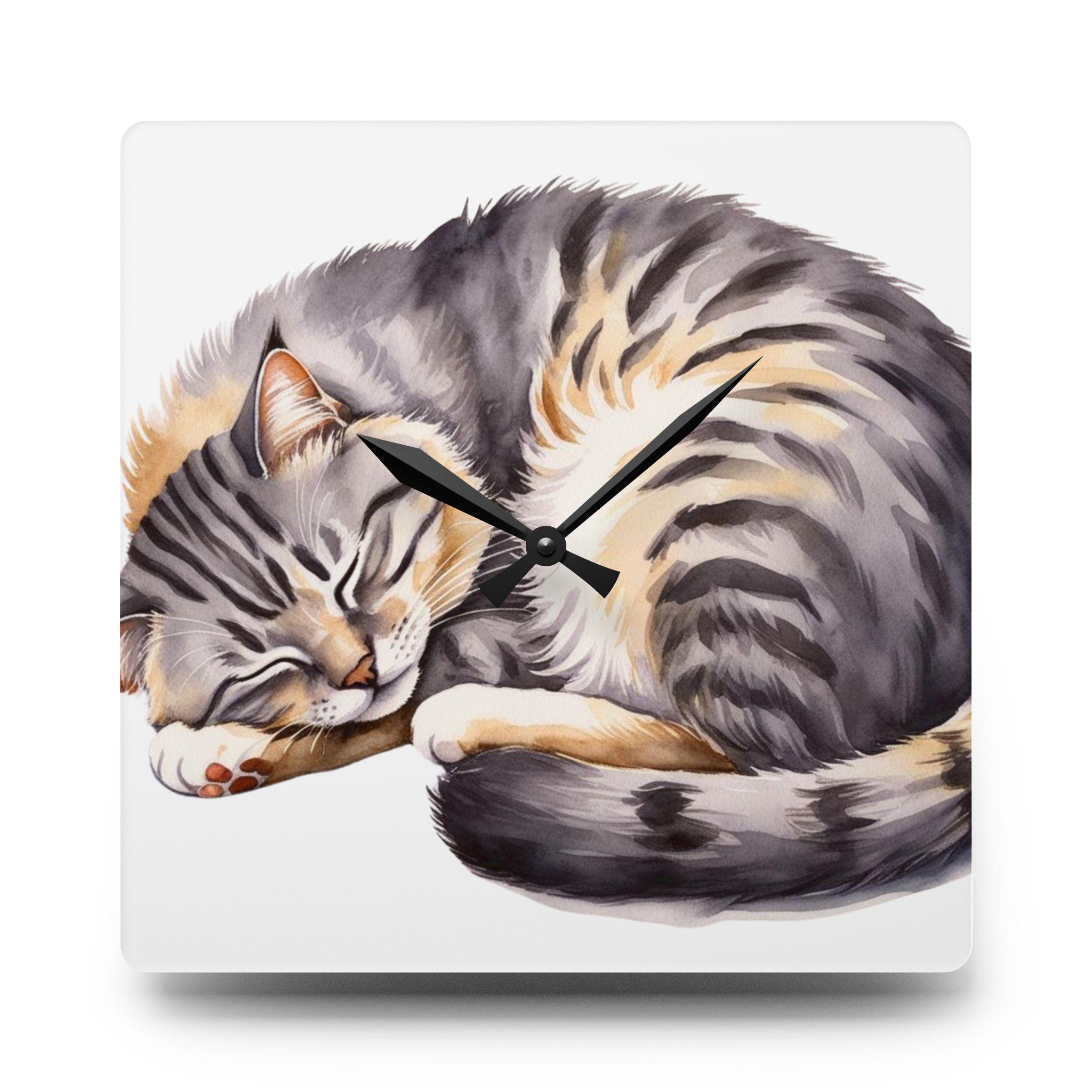Sleeping Cat Wall Clock Cozy Cat Art Clock Round Acrylic Cat Clock for ...