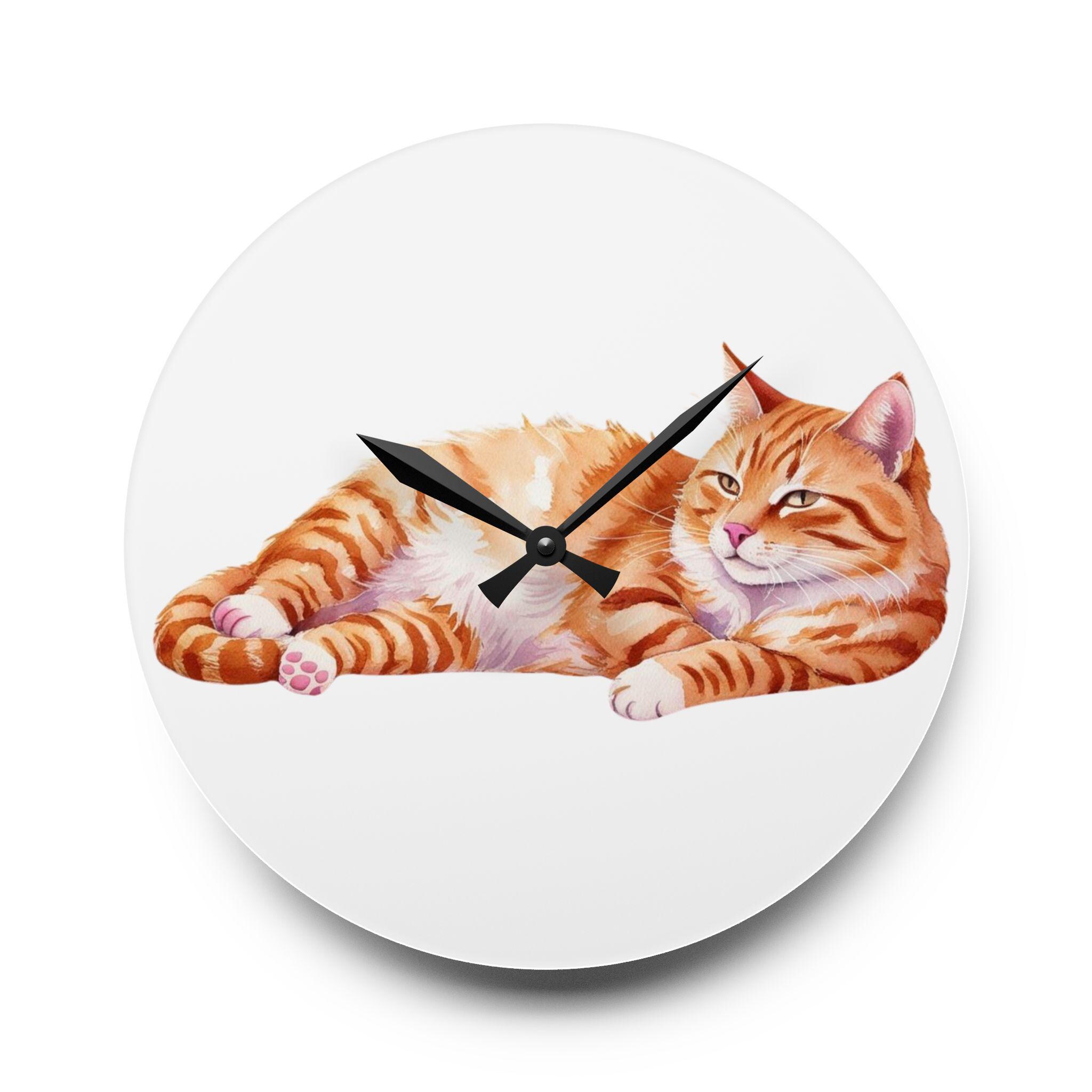 Ginger Tabby Cat Wall Clock Relaxed Cat Art Clock Round Acrylic Wall Clock for Cat Lovers Cute ...