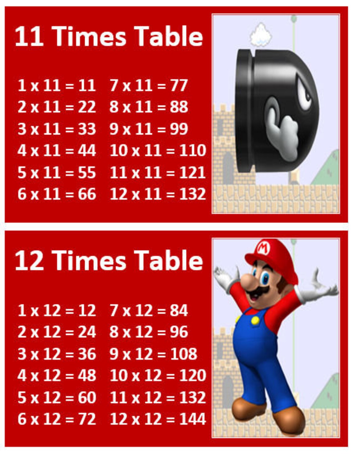 Super Mario math's times tables multiplication flash cards | Etsy