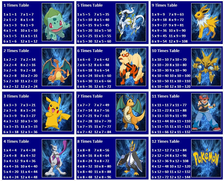 Pokemon math's times tables multiplication flash cards | Etsy