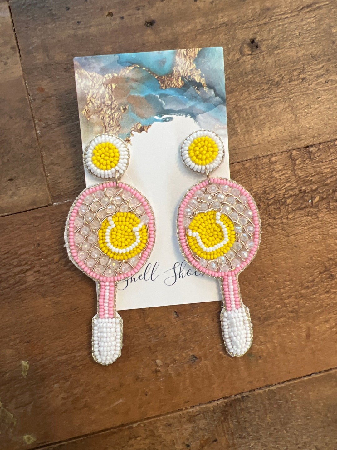 Tennis Racket White, Pink & Yellow Seed Bead Dangle Earrings-unique ...