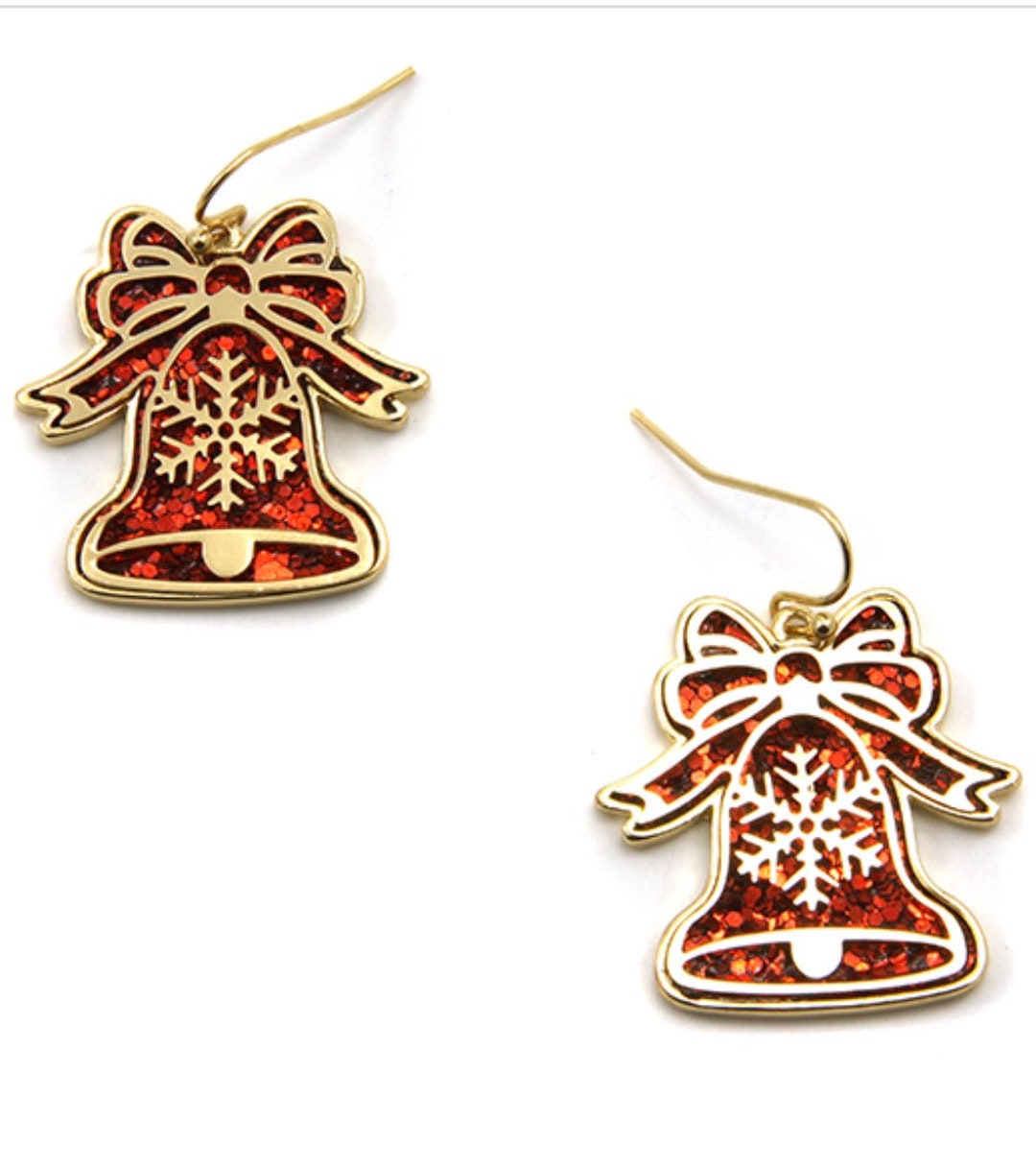 Jingle Bells Red and Gold Glitter Christmas Dangle Earrings- Christmas ...