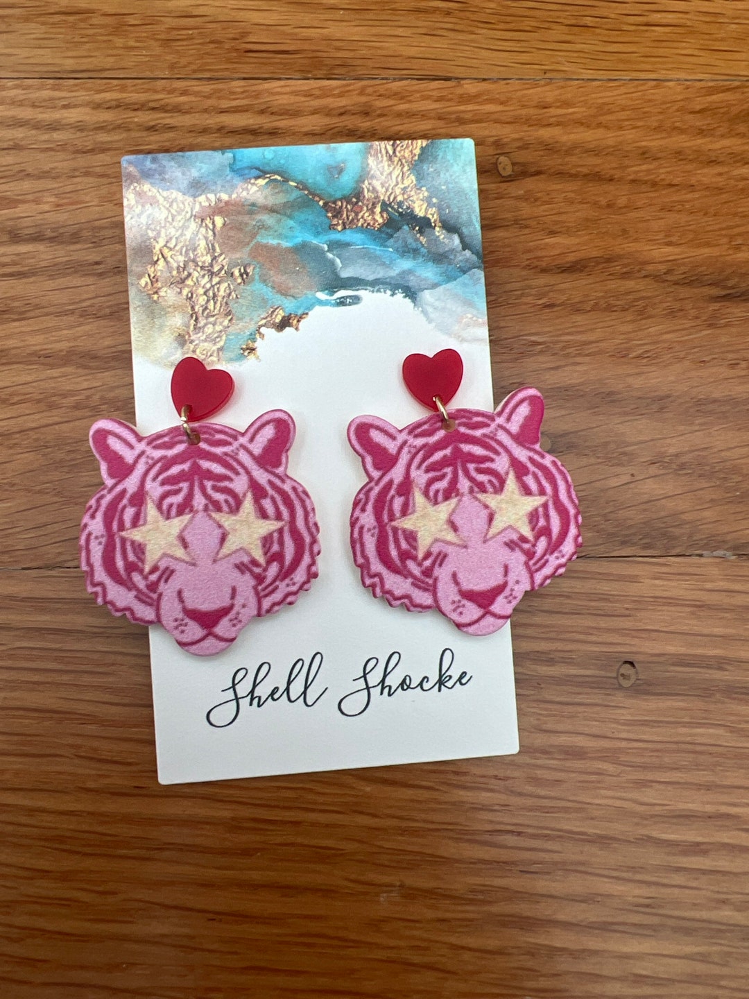 Tiger Pink and Red Resin Retro Dangle Earrings Animal Lover Earrings ...