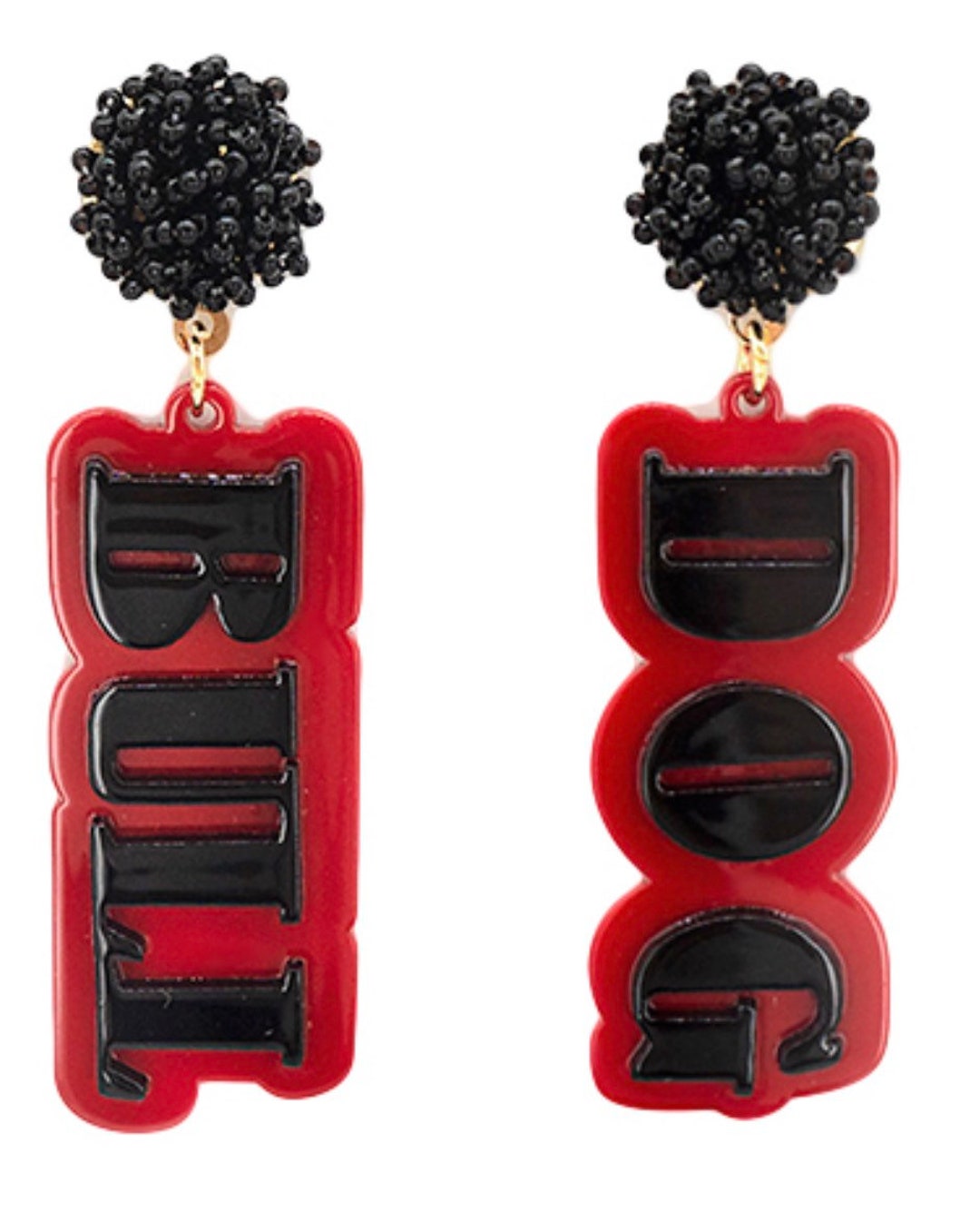 BULL DOG Black and Red Football Seed Bead & Acrylic Dangle Earrings ...