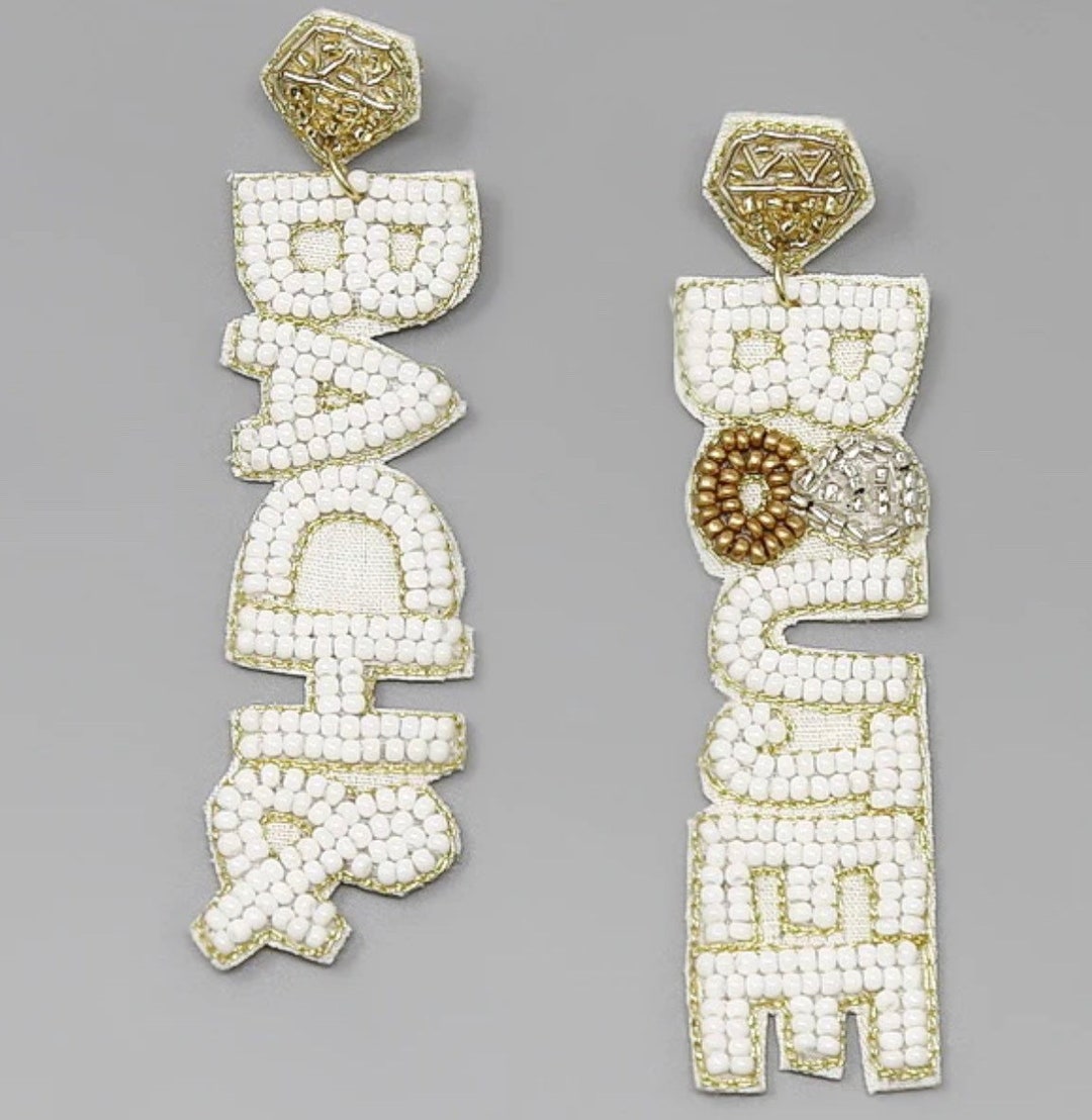 Bach & Boujee Engagement Ring White Seed Beaded Dangle Earrings-bride ...