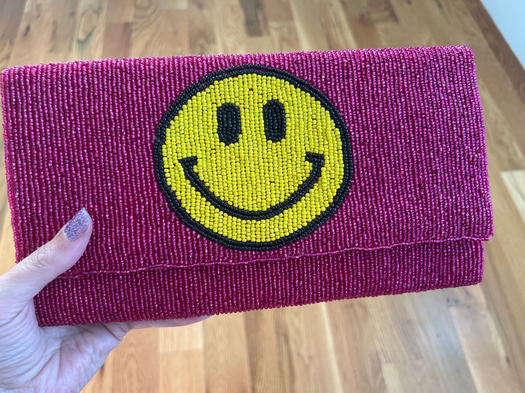 Fuchsia Smiley Happy Face Seed Bead Clutch or Crossbody- Girls Night ...
