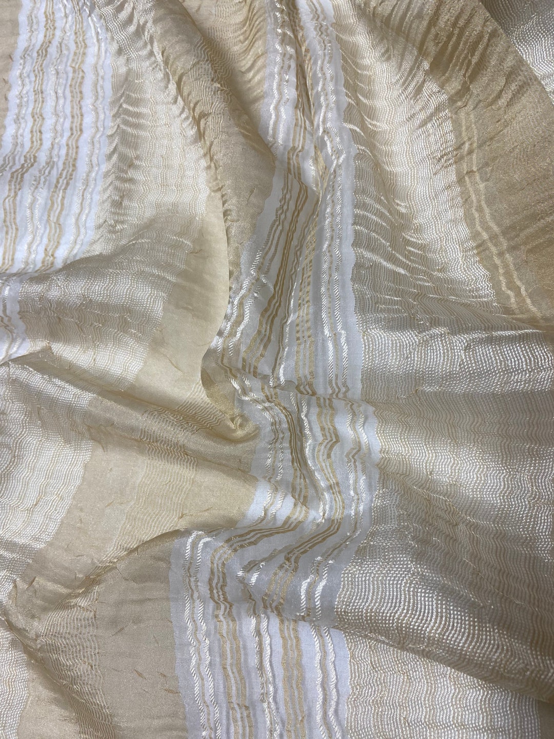 Crinkled Voile Fabric With Beige Stripes in Polyester, Striped Voile ...
