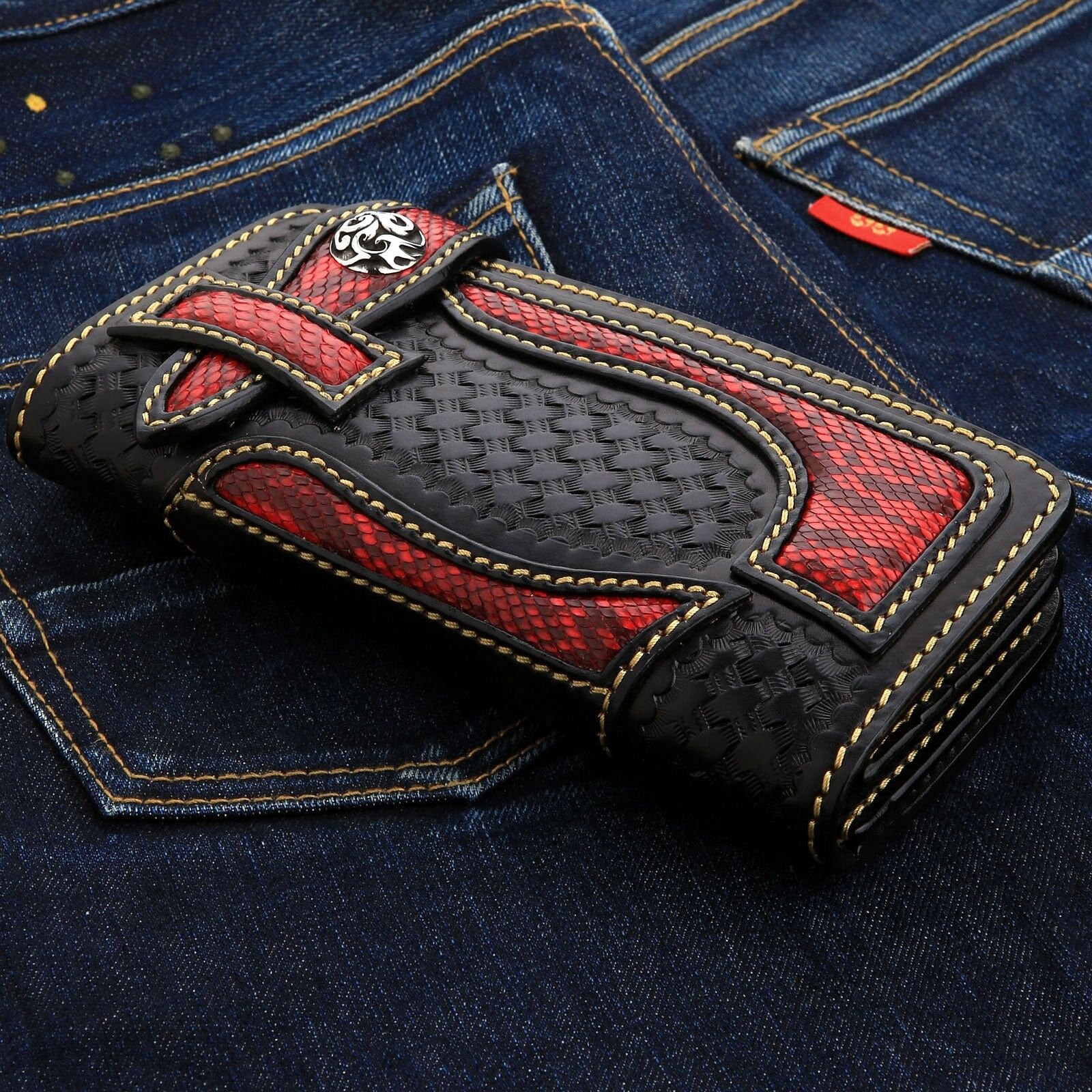 Long Biker Wallet, Red Cobra Snake Skin Leather Chain Wallet Men's ...