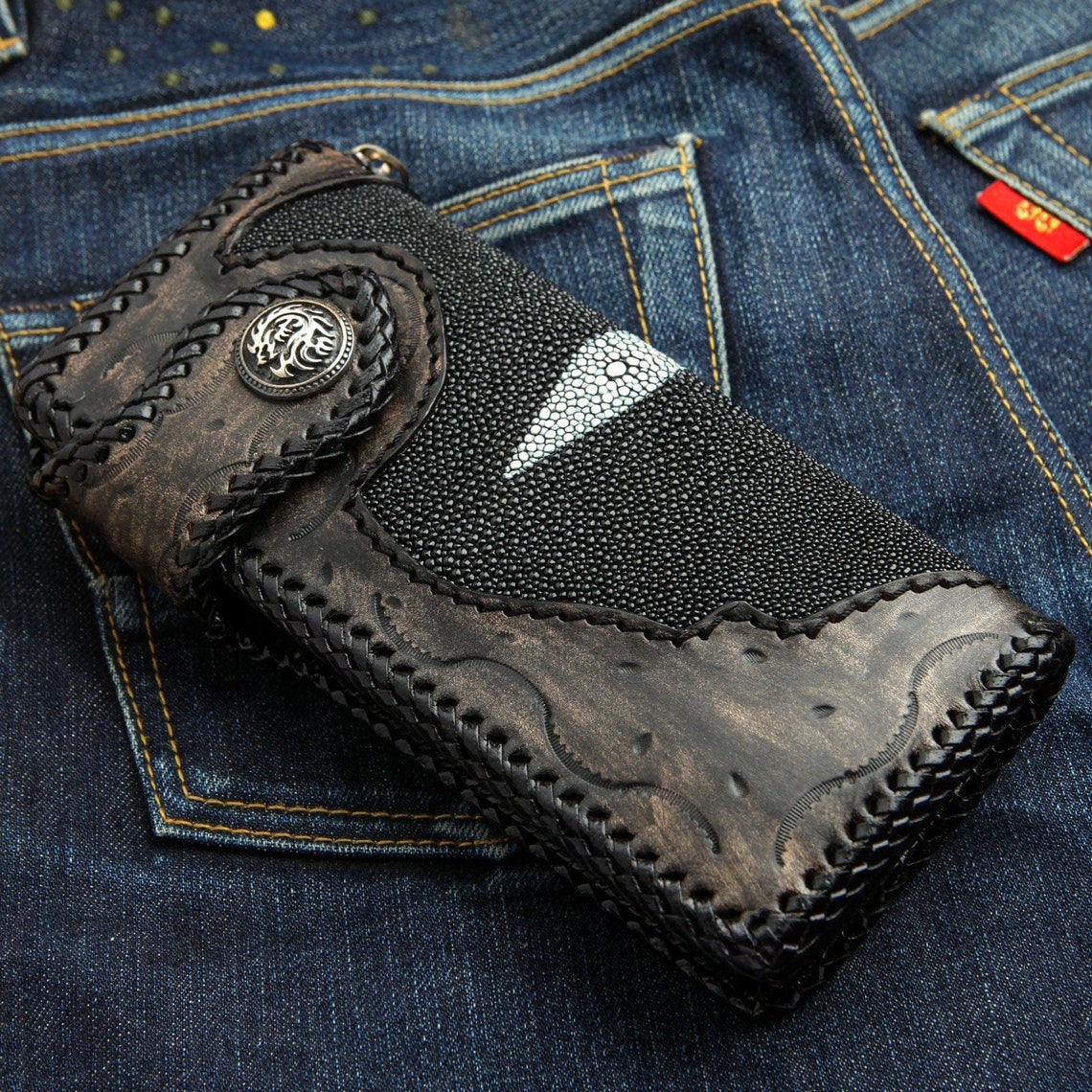 Genuine Stingray Leather Silver Dragon Concho Big Biker Wallet - Etsy
