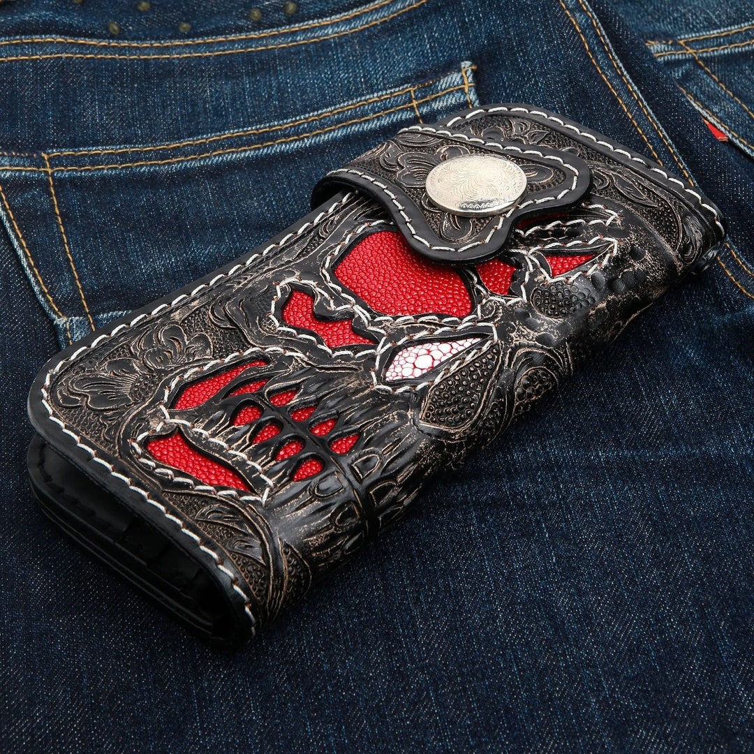 Custom Big Biker Wallet, Hand Tooled Skull Genuine Leather Men's Wallet ...