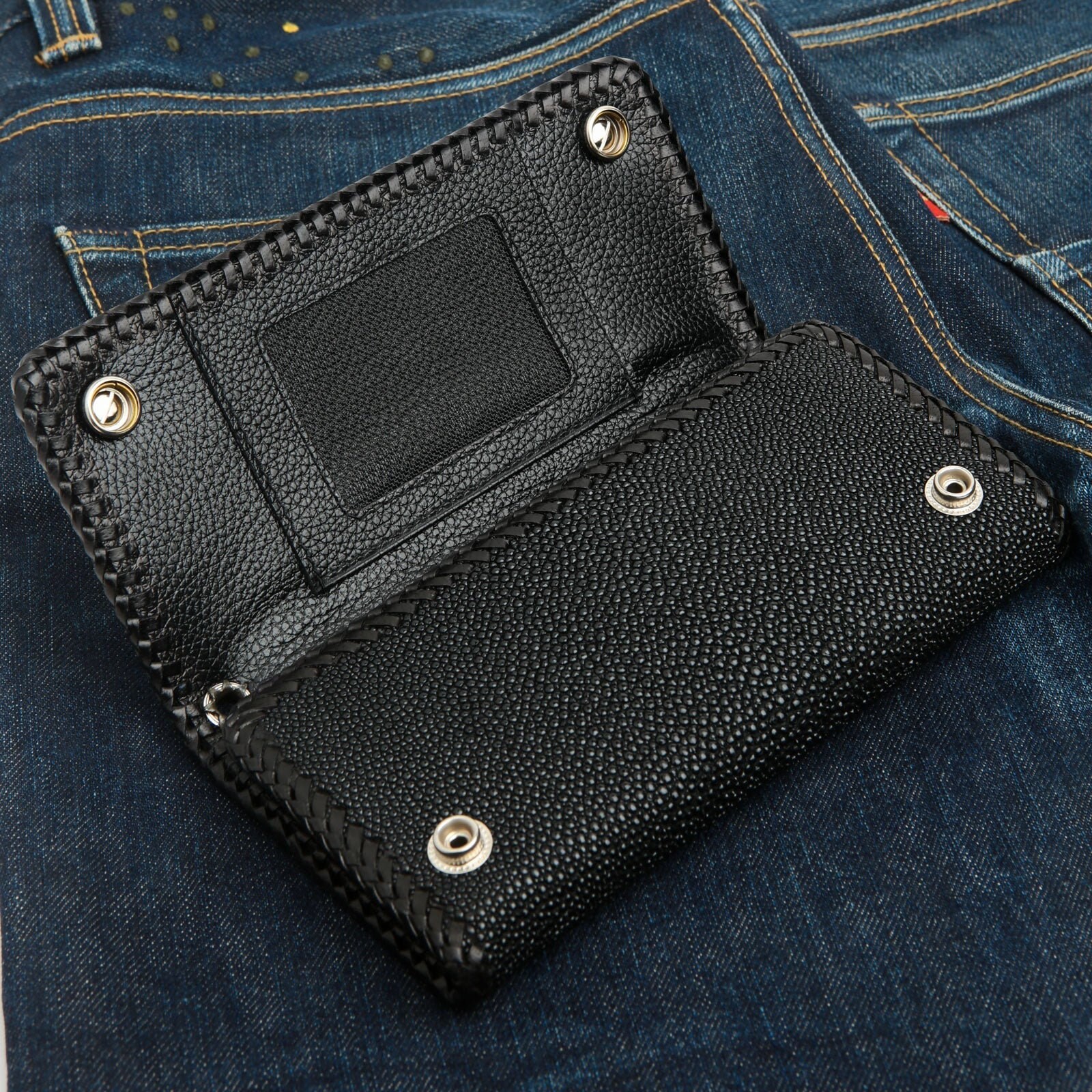Leather Trifold Long Biker Wallet, Genuine Stingray Exotic Skin Harley ...