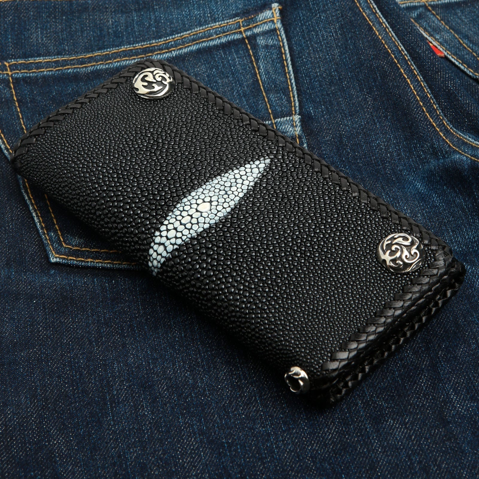 Leather Trifold Long Biker Wallet, Genuine Stingray Exotic Skin Harley ...