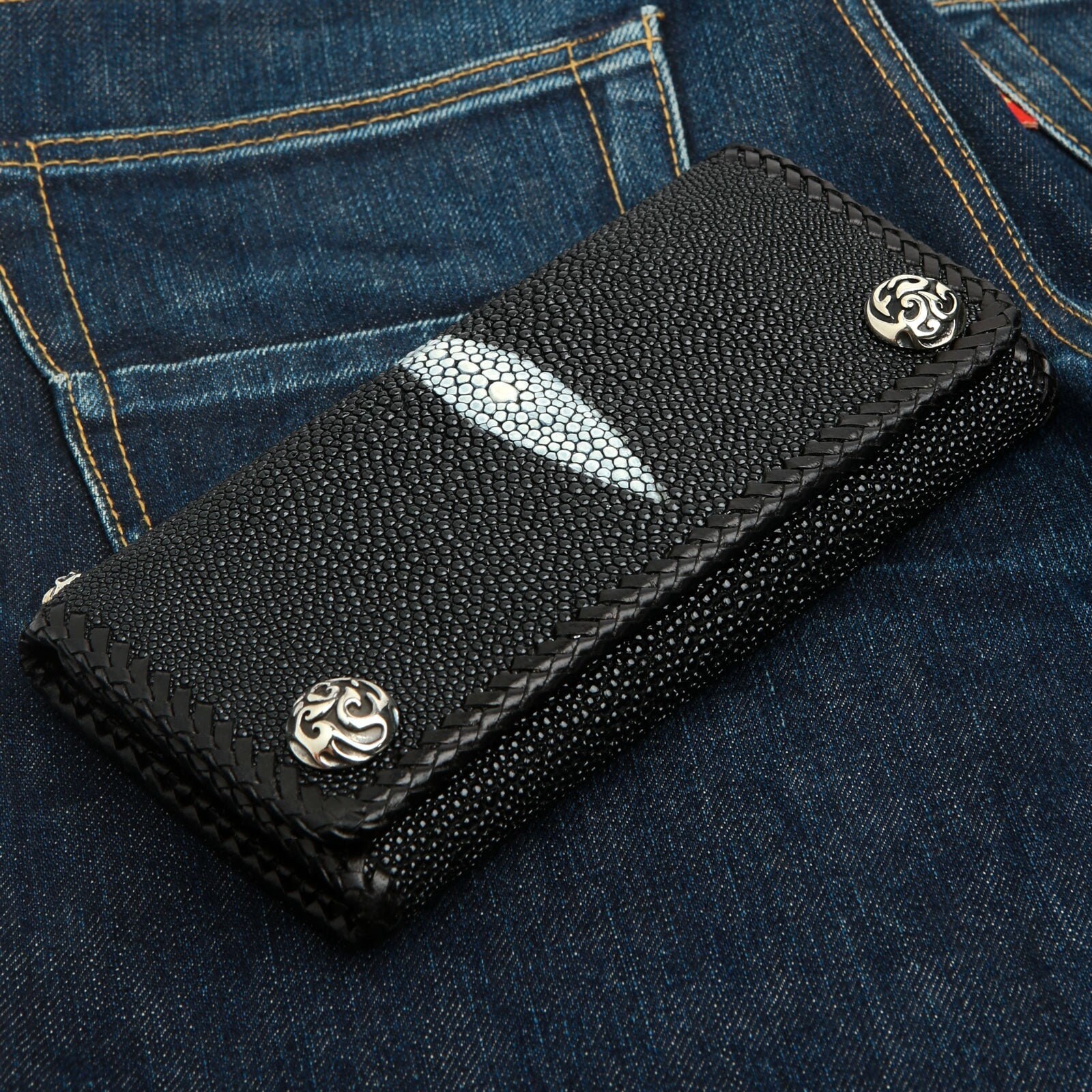 Leather Trifold Long Biker Wallet, Genuine Stingray Exotic Skin Harley ...