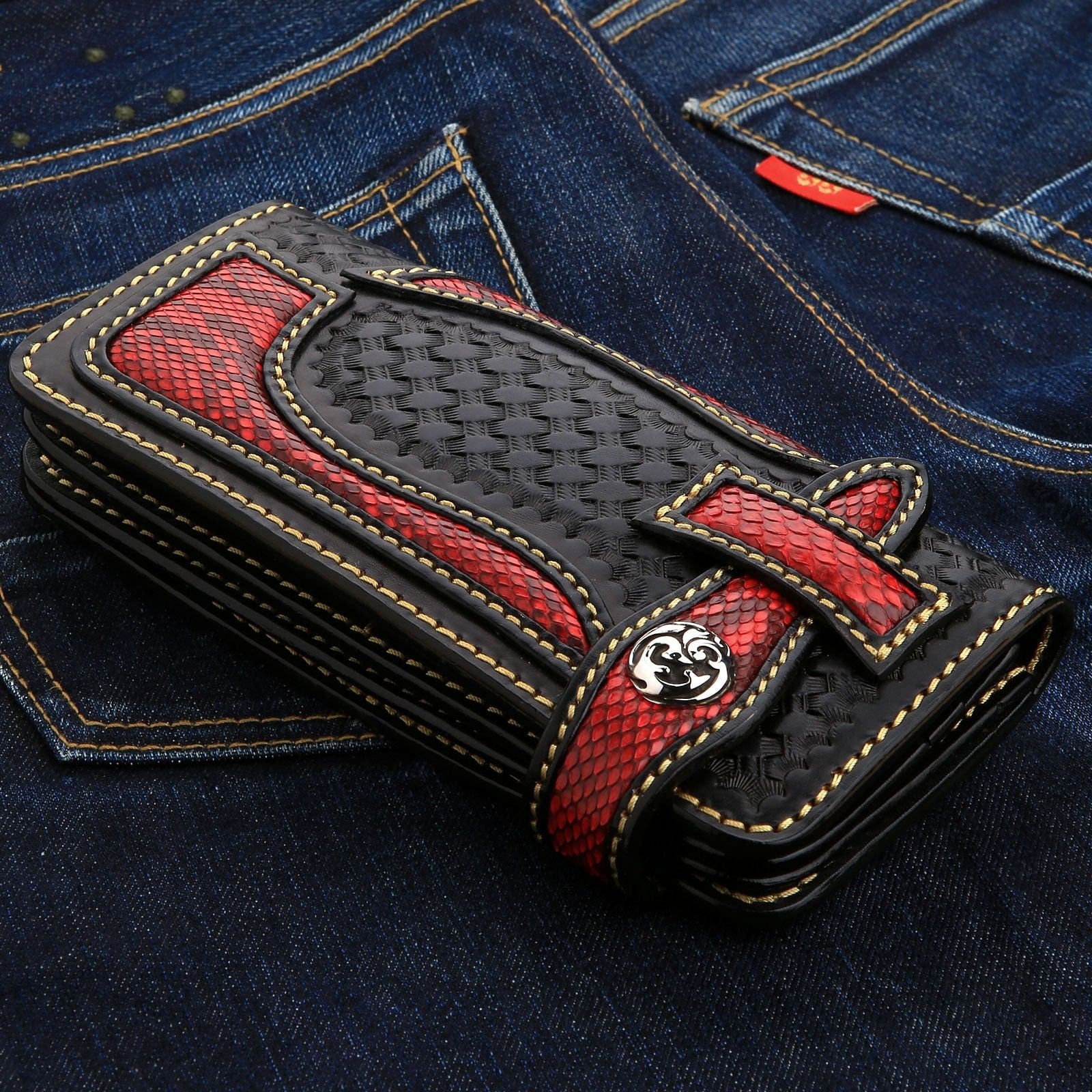 Long Biker Wallet, Red Cobra Snake Skin Leather Chain Wallet Men's ...