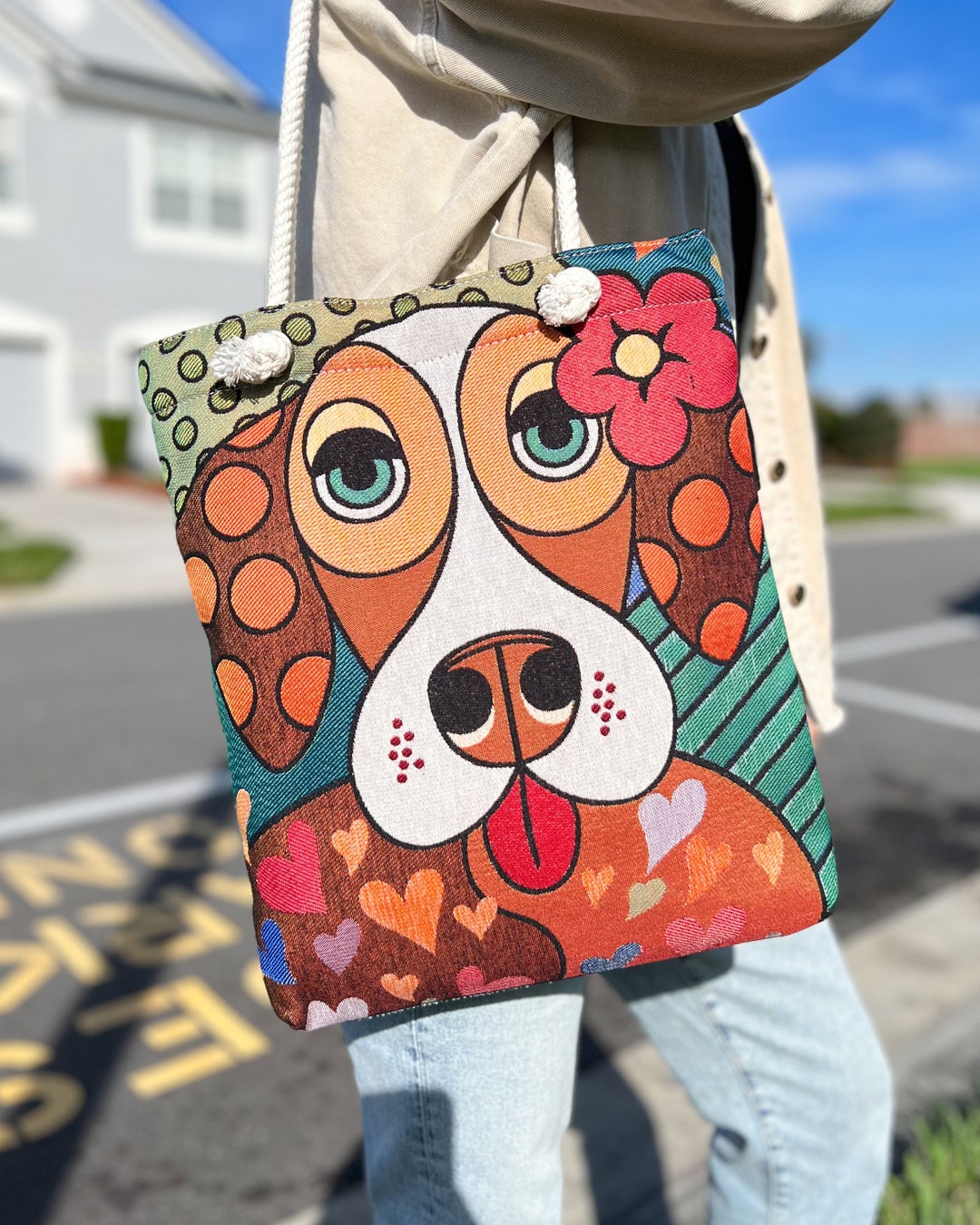 Cute Tote Bag, Tote Bag for Dog Lovers and Cat Lover, Boho Tote Bag ...