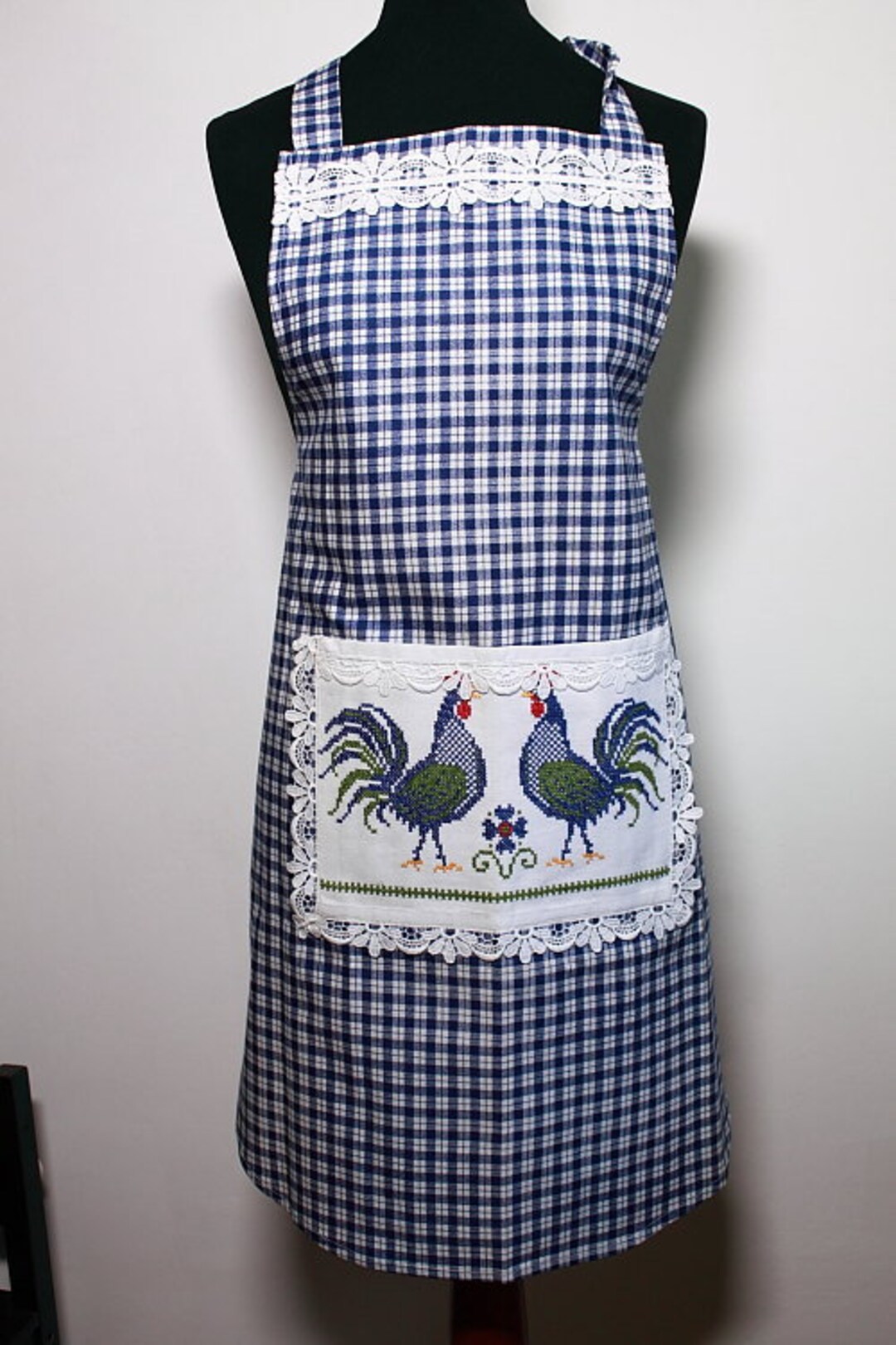 Kitchen Apron Blue and White Checkered Colorful Rooster Hand ...