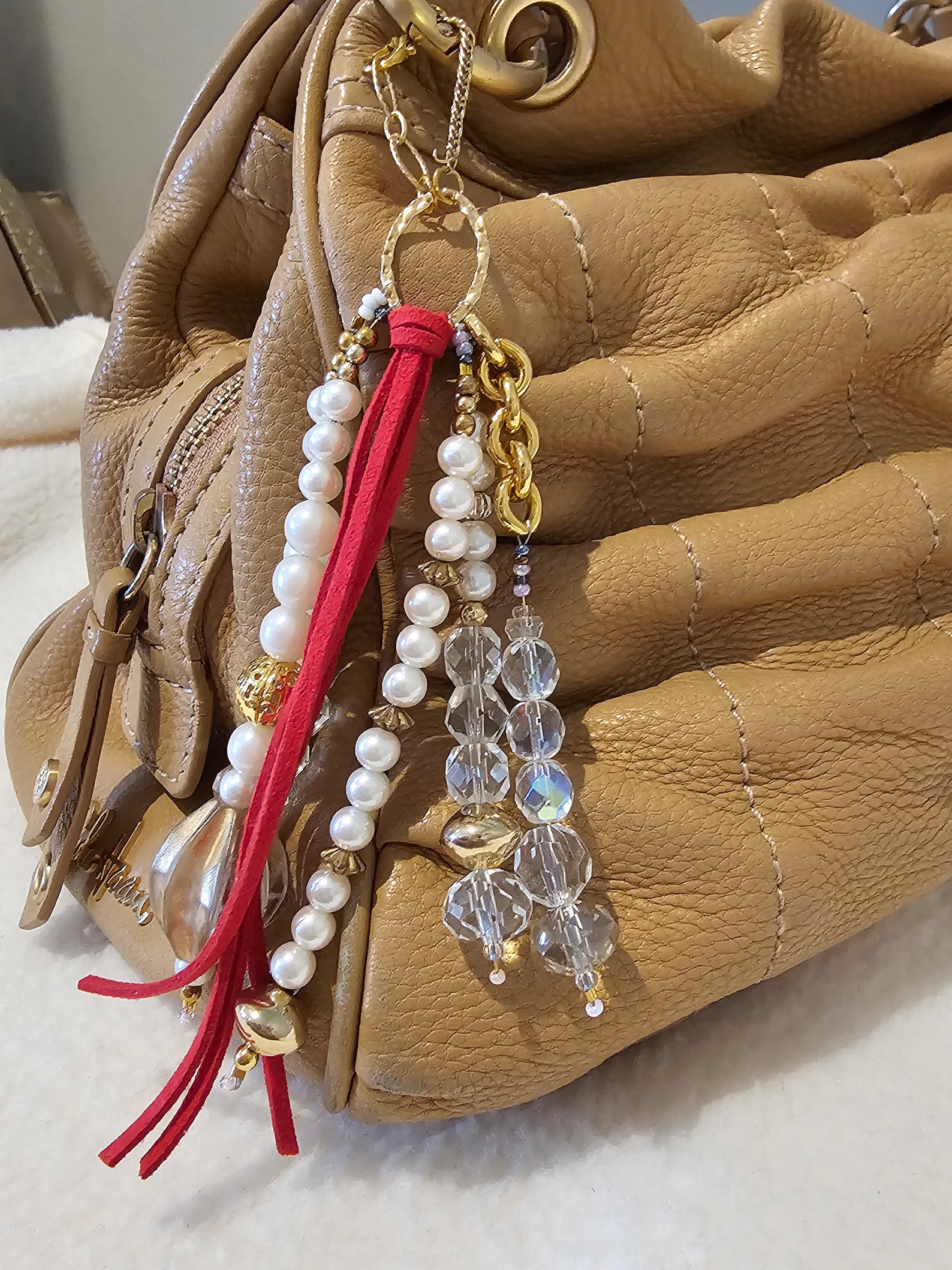 Upcycled Pearl Bag Charm, Red Leather Tassel, Gold Tone Crystals - Etsy