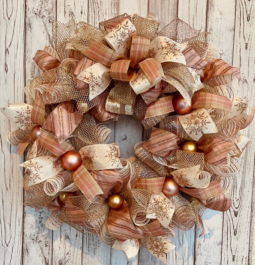 Rose Gold Deco Mesh Wreath, Elegant Wreath, Pink and Gold Wreath, Rose ...