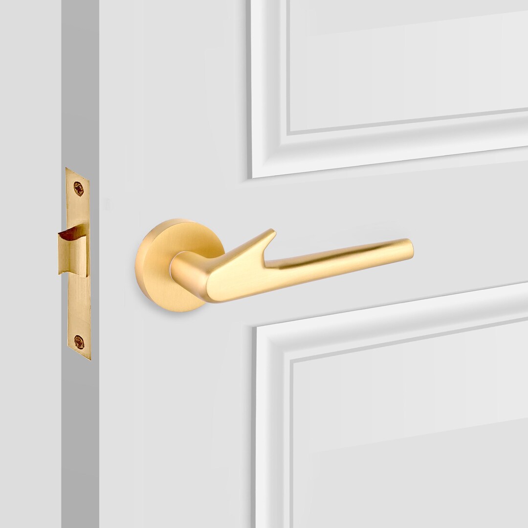 Brushed Brass Door Lever: Horns Design, Round Rosette - Solid Brass - Etsy