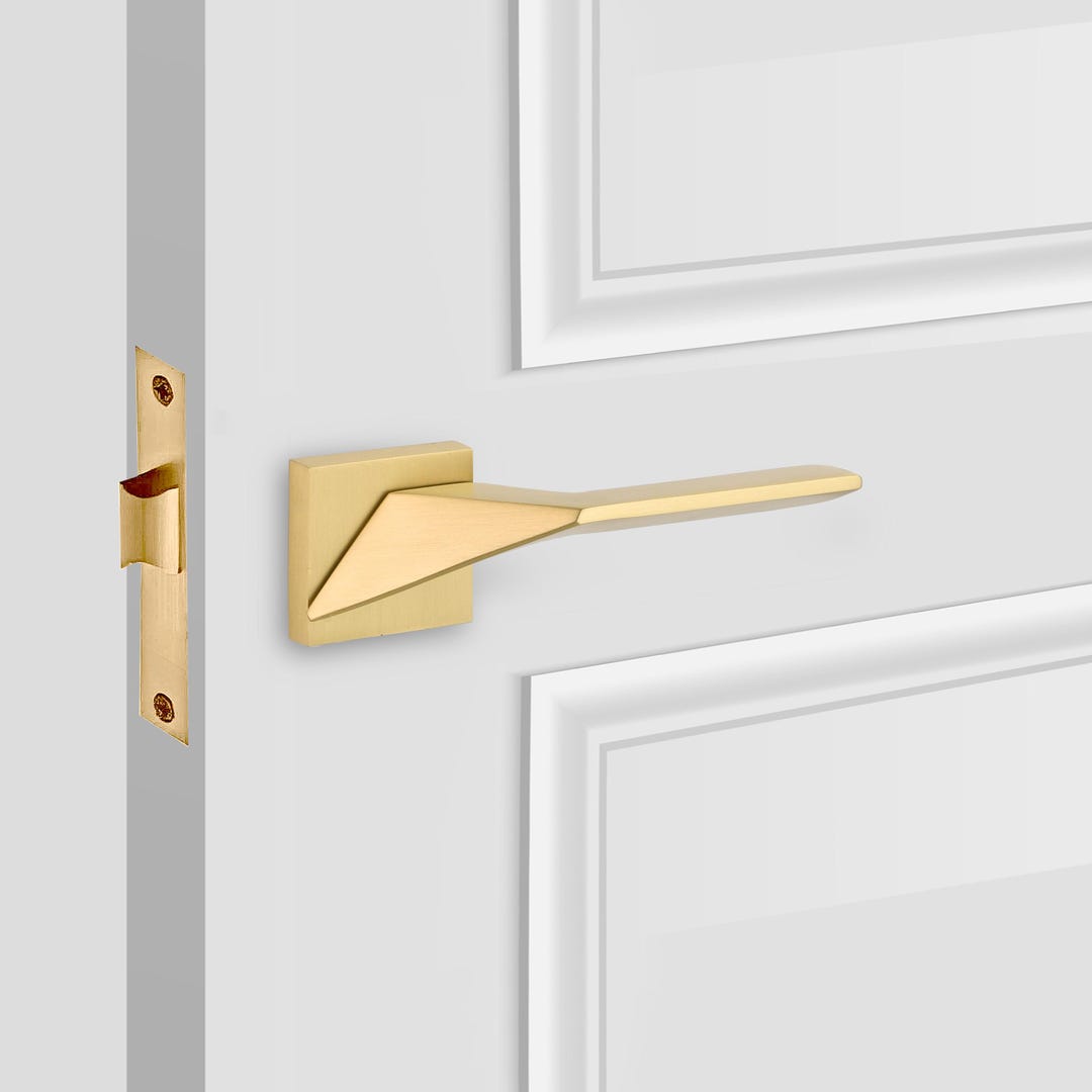 Luxury Brushed Gold Door Handles Lever Pair Lock Set on Rose for Indoor ...