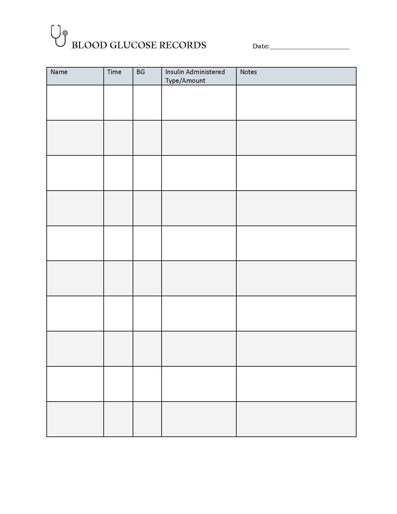 BLOOD GLUCOSE RECORD Nursing Nurse Paperwork Diabetes Hospital Home ...