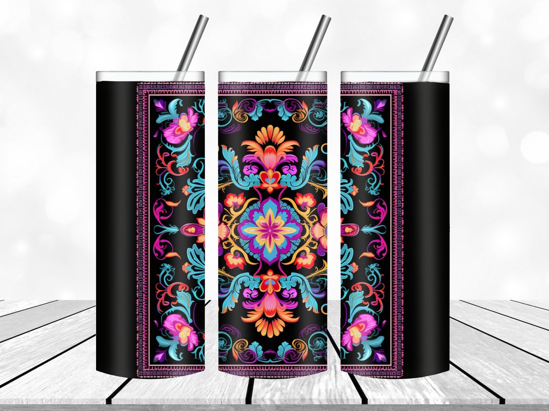 Flower Motif Carpet Pattern Tumbler Template Leaves and Flowers Tumbler ...