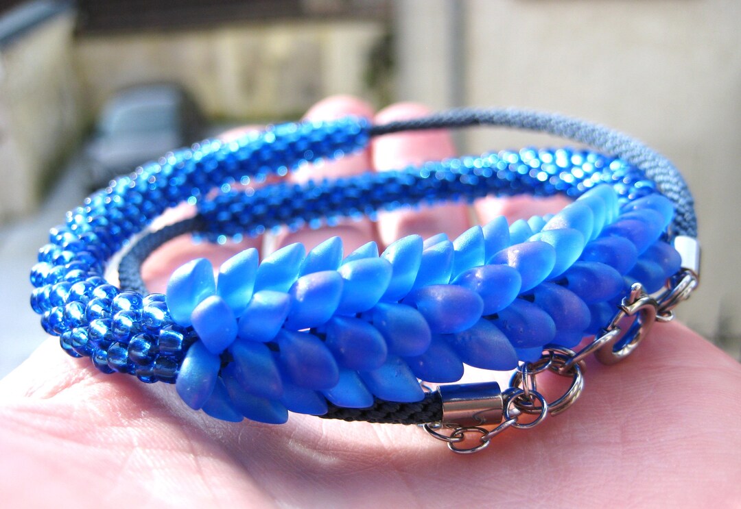 Kumihimo Necklace in Japanese Miyuki Beads, Long Magatama Sapphire Blue ...