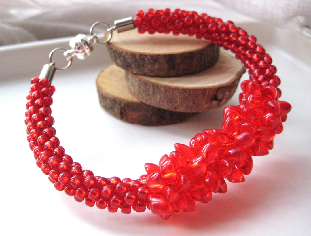 Kumihimo Bracelet in Japanese Beads Miyuki Long Magatama Transp Red and ...