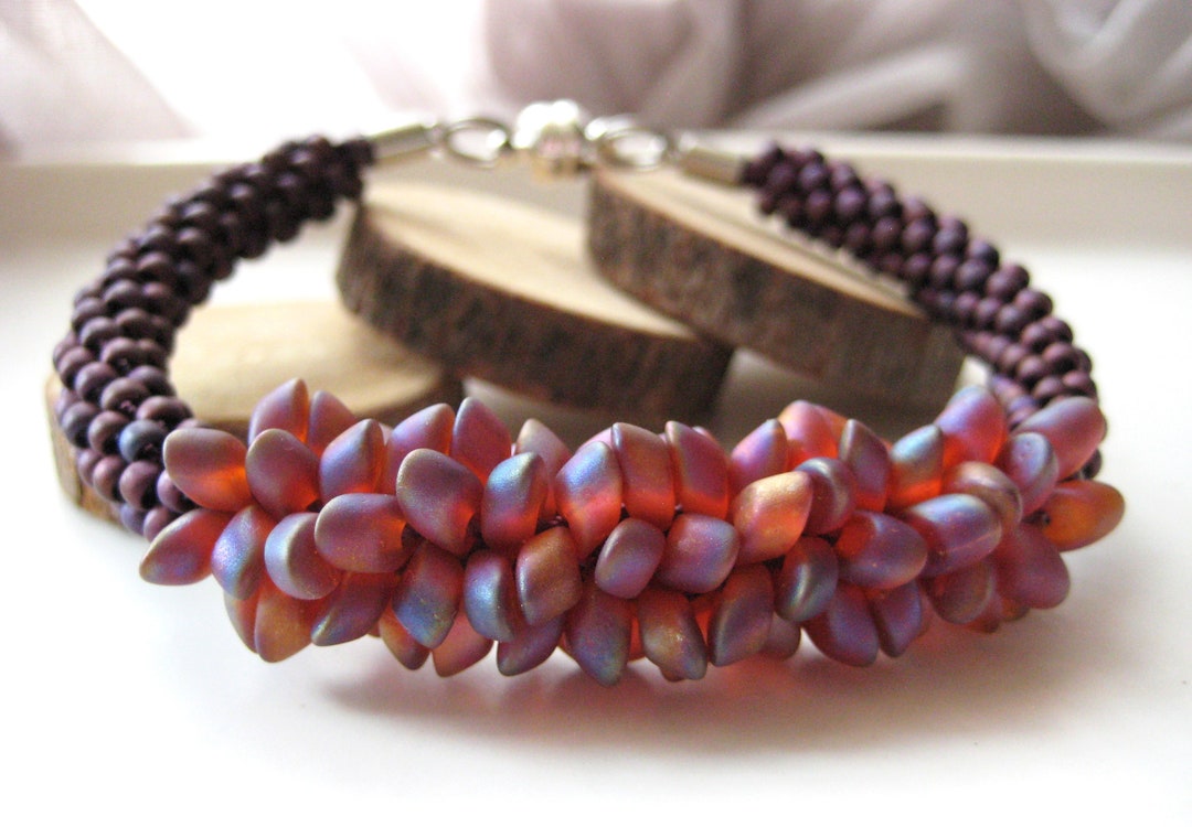 Kumihimo Bracelet With Japanese Miyuki Beads Long Magatama Dark Topaz ...