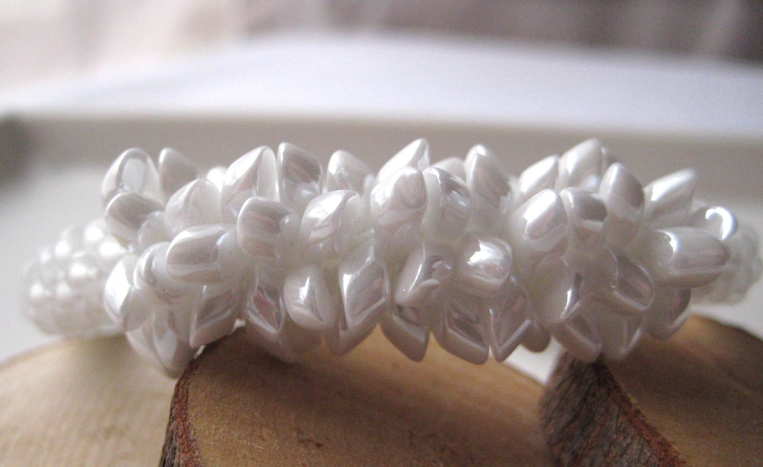Kumihimo Bracelet in Japanese Miyuki Beads Long Magatama Opaque White ...