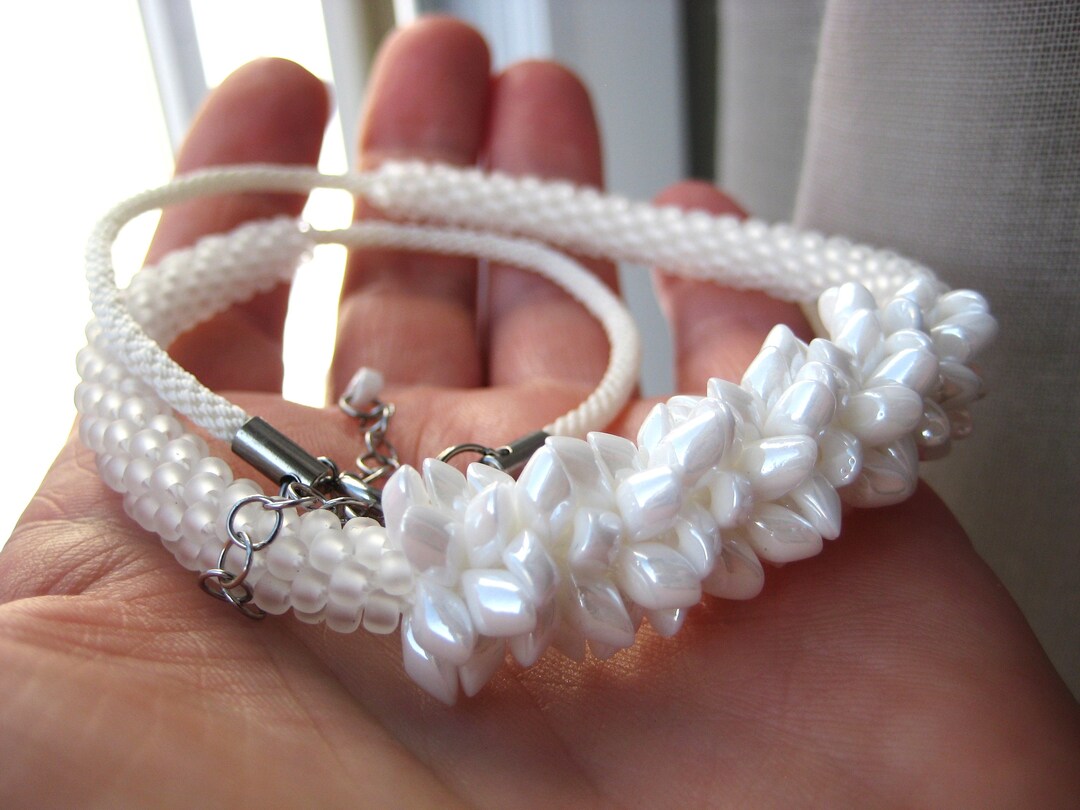 Japanese Beaded Kumihimo Necklace Long Magatama Opaque White Luster and ...