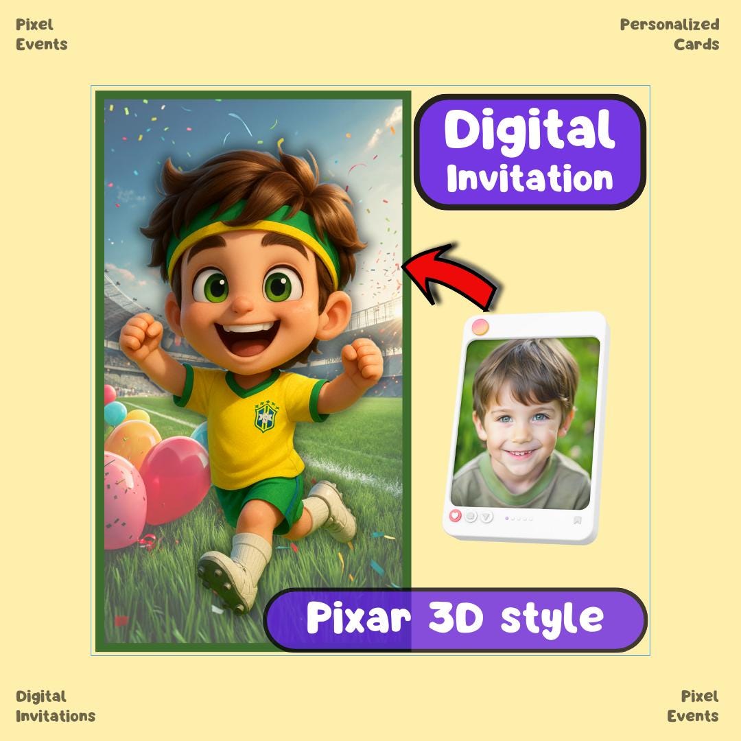 3D PIXAR Style Soccer Brazil BIRTHDAY E-INVITATION | Editable Birthday ...