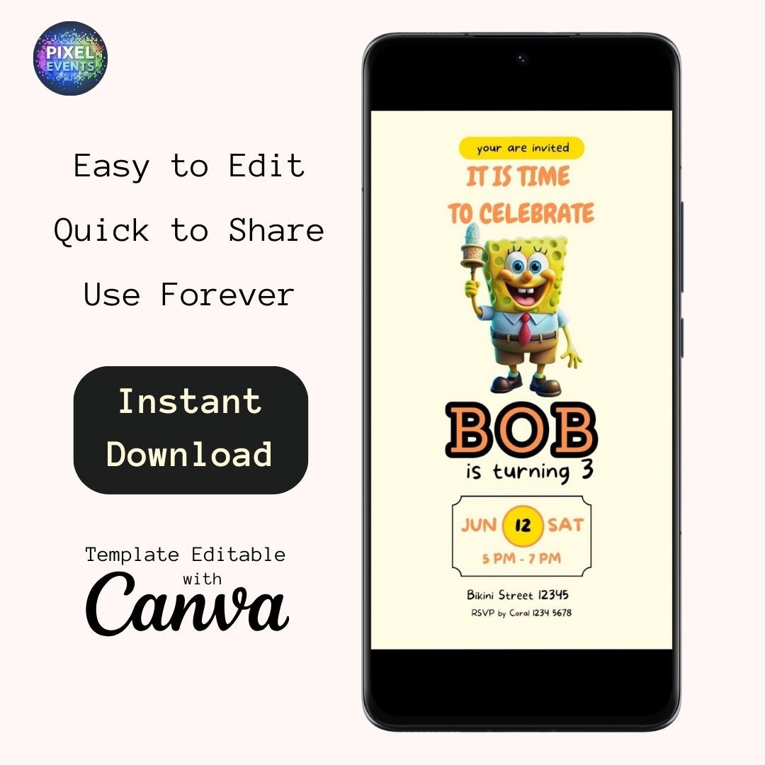 ANIMATED DIGITAL Birthday Party Bob Square Pants INVITATION ...