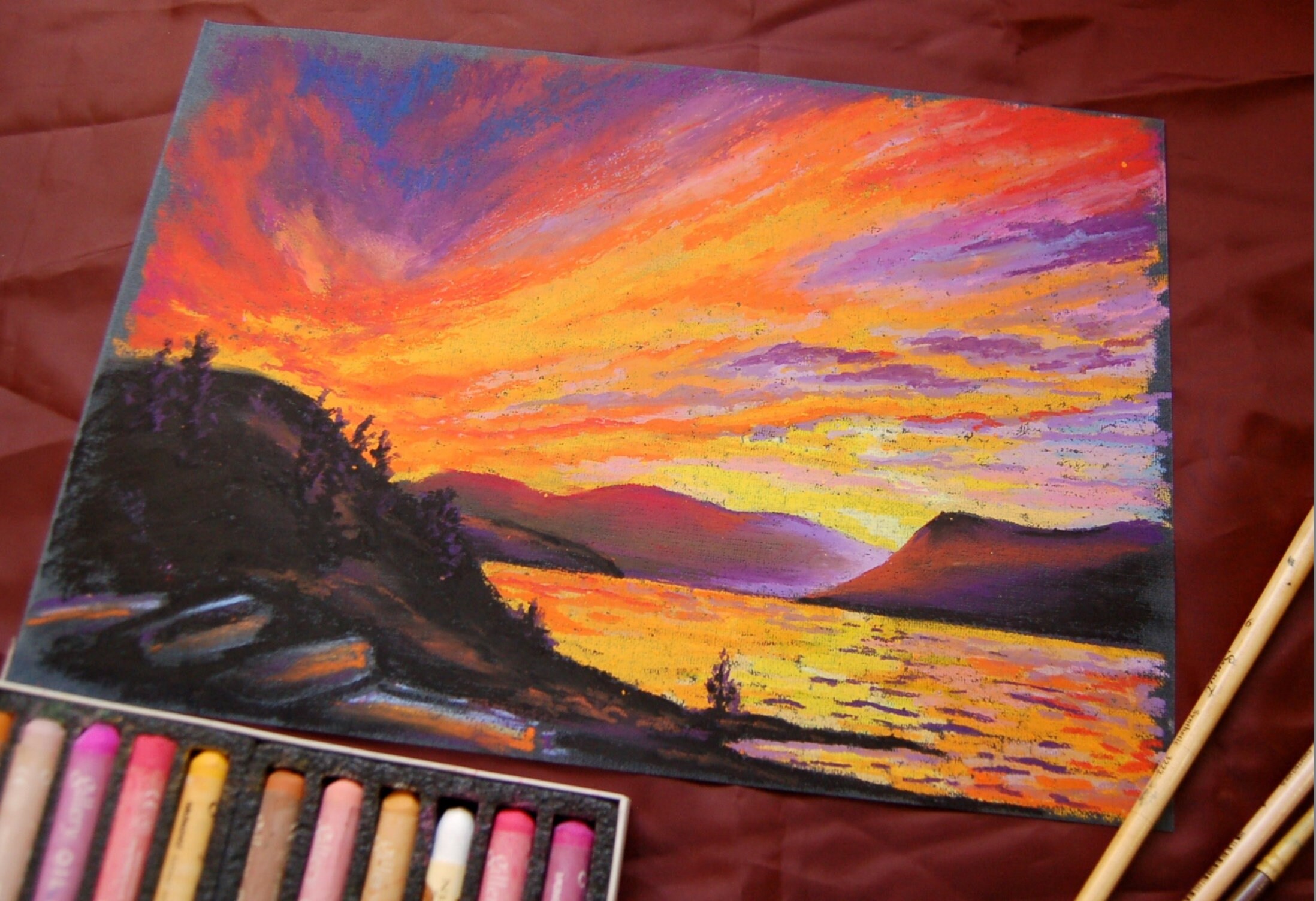 Oil pastel painting bright sunset in the mountains and | Etsy