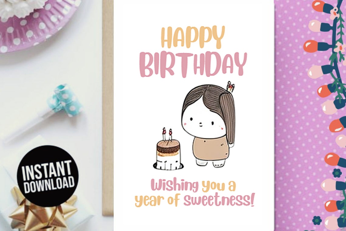 Printable Birthday Card Cute Girl Cartoon Downloadable Digital Birthday ...